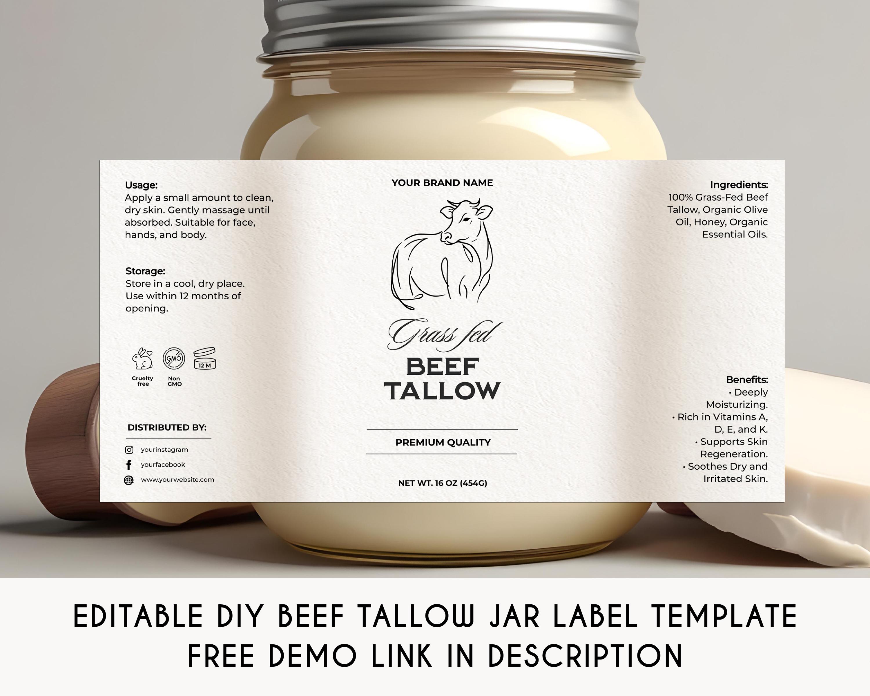 Editable Beef Tallow Jar Label Template, Printable Luxury Tallow Balm ...