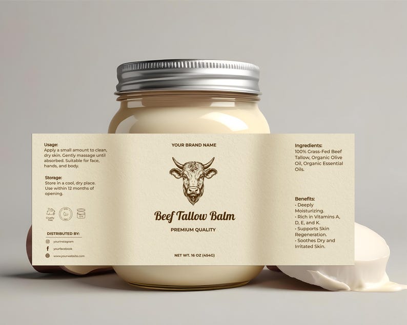 Editable Beef Tallow Balm Jar Label: Minimalist Sticker (digital ...