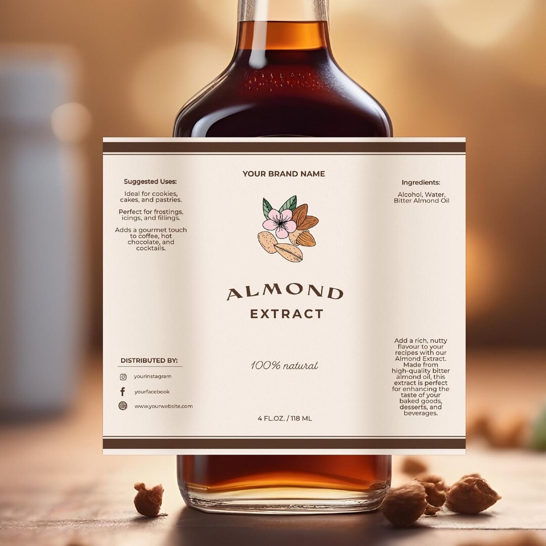 Luxury Almond Extract Bottle Label Template: Printable Culinary Sticker ...