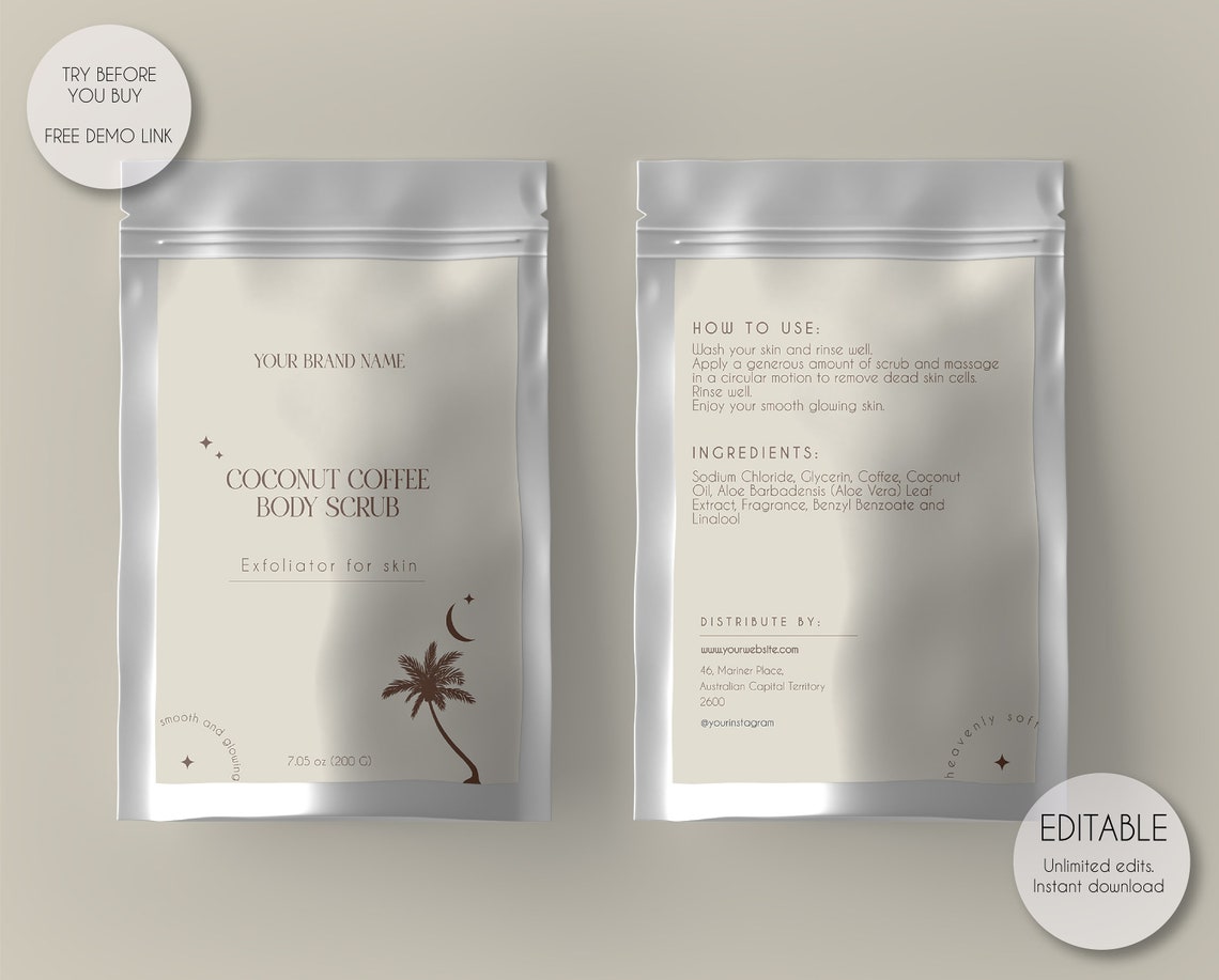 Editable Minimalist Body Scrub Pouch Label Template, Printable Coffee ...
