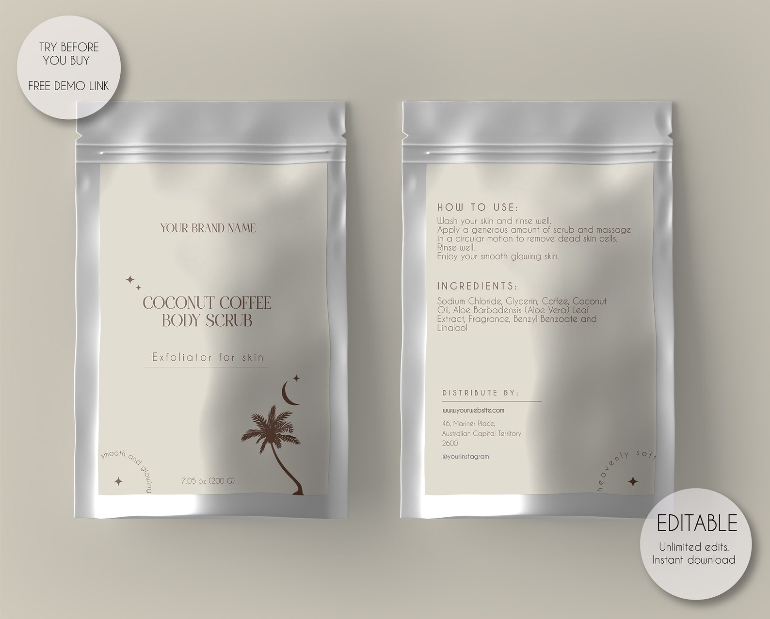 Editable Minimalist Body Scrub Pouch Label Template, Printable Coffee ...
