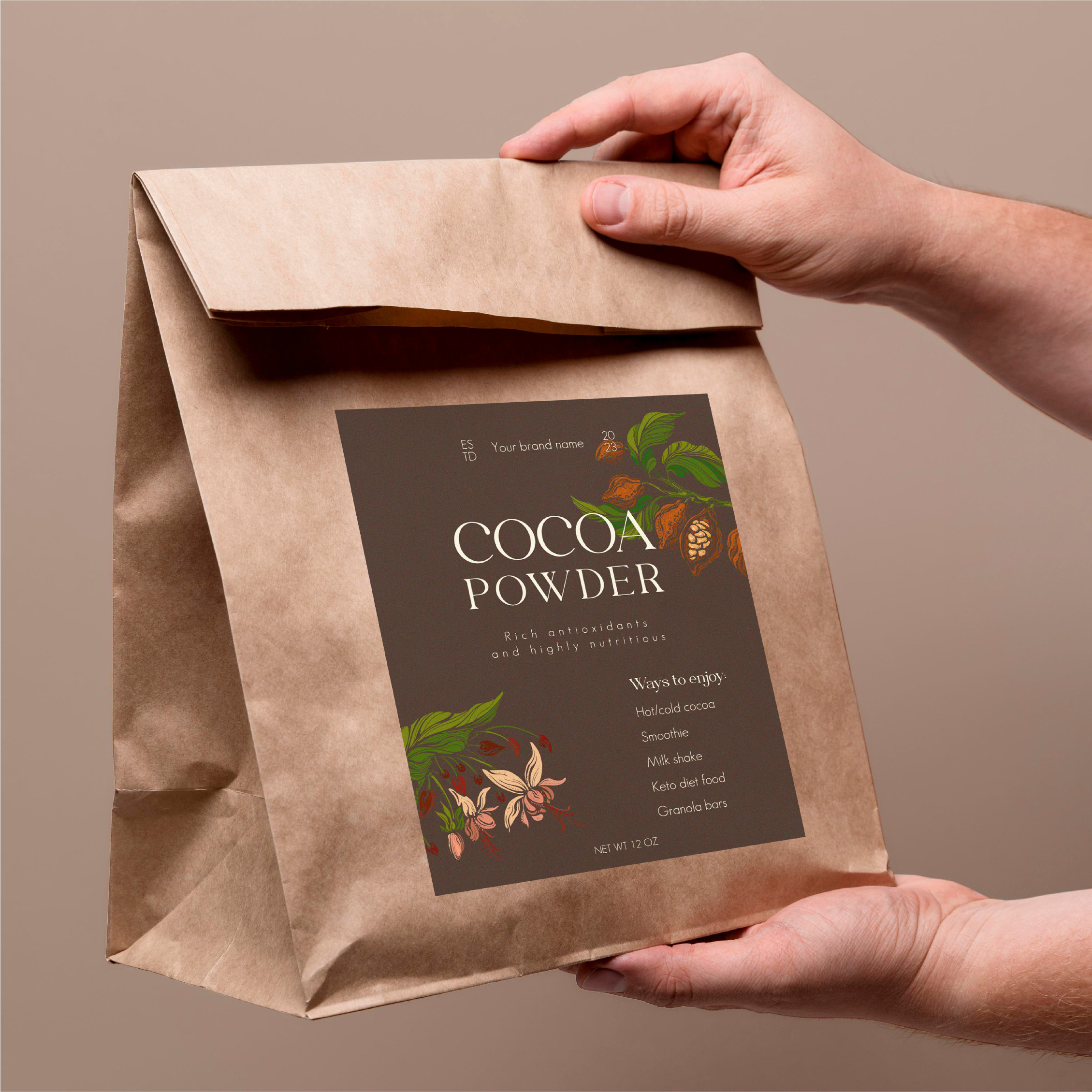 Editable Cocoa Powder Bag Label Template, Printable Cacao Powder Bag ...