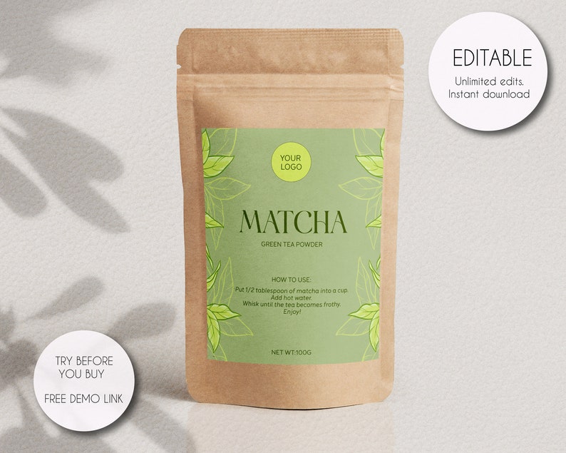 Editable Matcha Tea Label Template, Customizable Matcha Green Tea ...