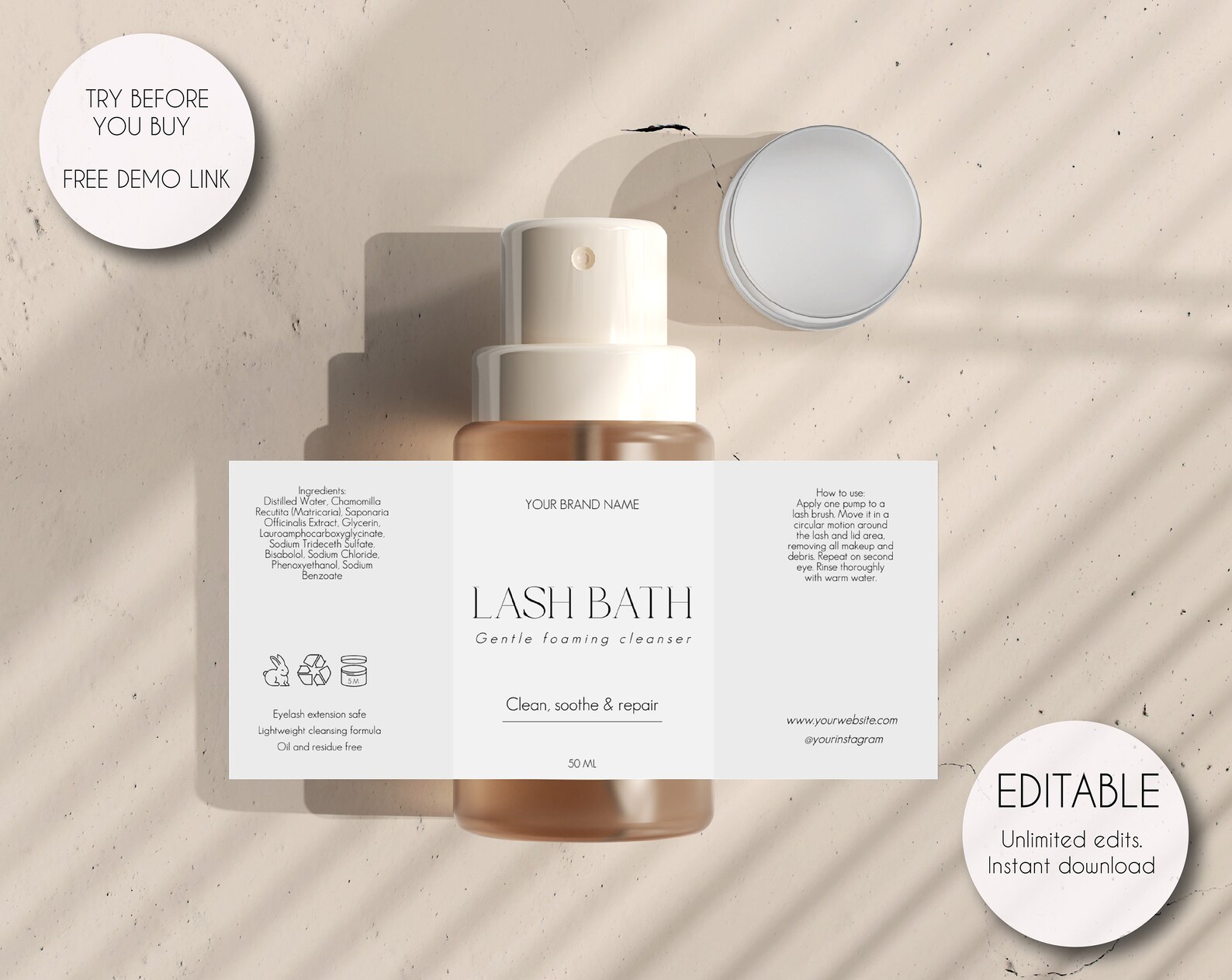 Editable Lash Bath Label Template, Custom Eyelash Foam Cleanser Wrapper ...