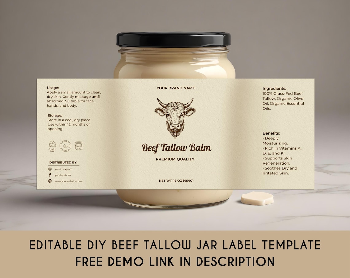 Editable Beef Tallow Jar Label Template, Printable Luxury Tallow Balm ...
