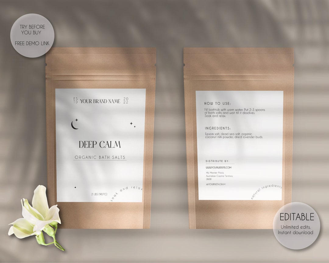 Editable Minimalist Bath Salts Pouch Label Template, Printable Bath ...
