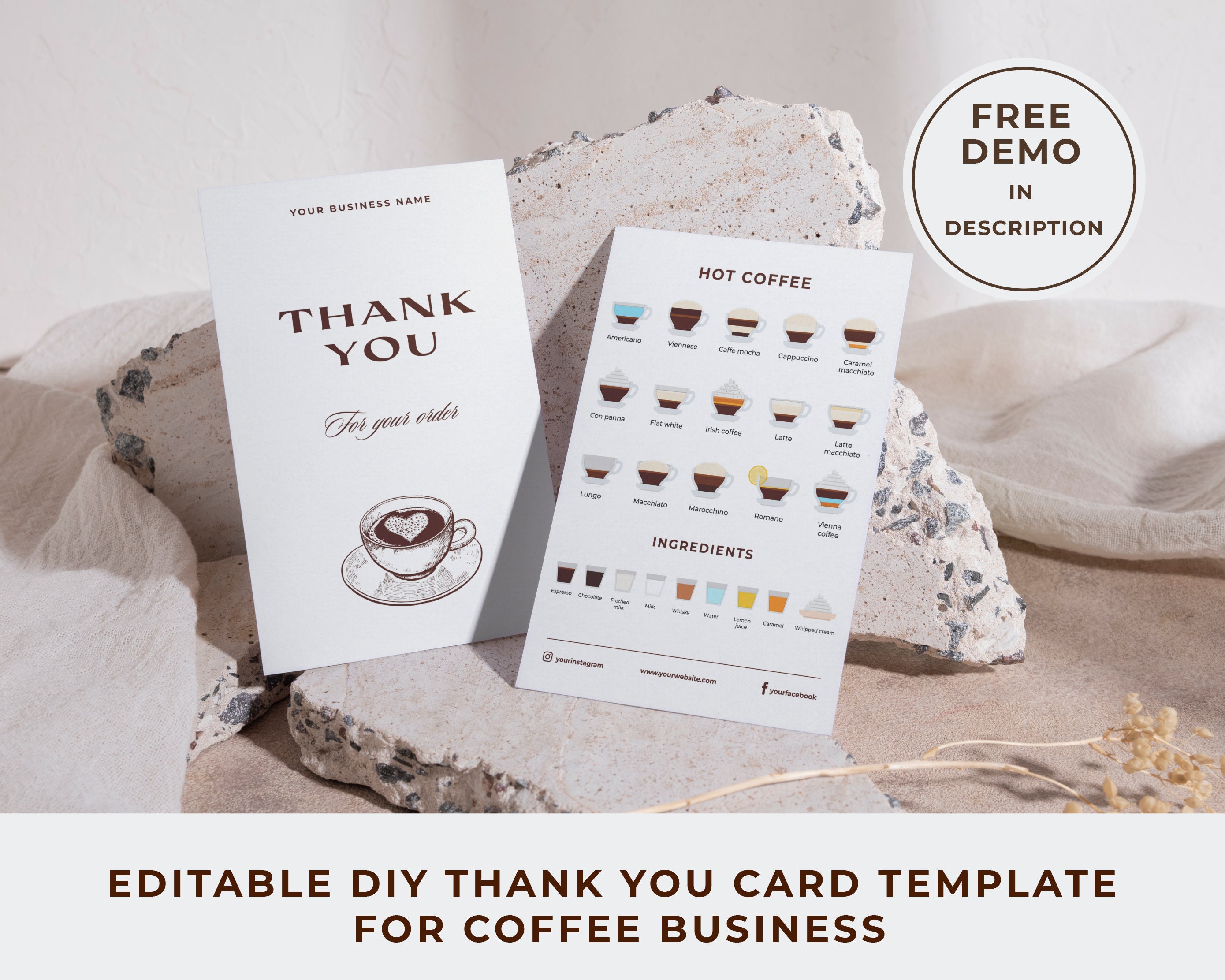 Editable Thank You Card Template for Coffee Business, Printable Card ...
