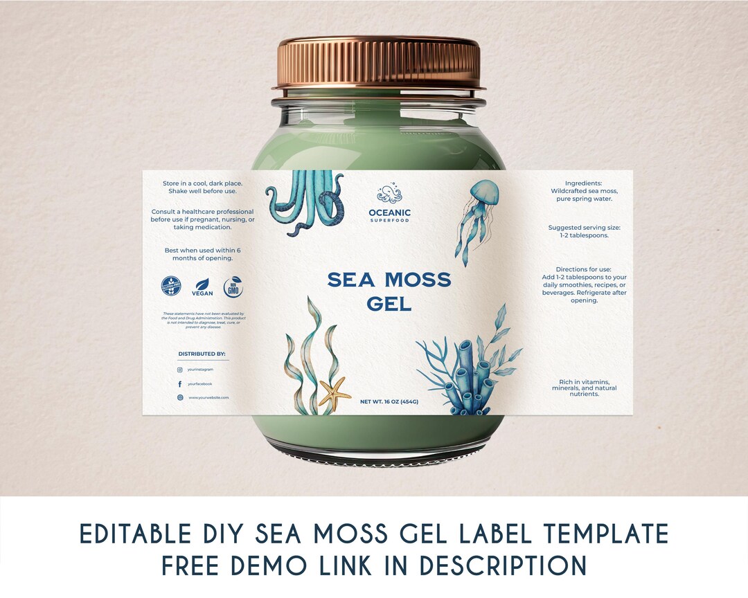 Editable Sea Moss Gel Label Template, Printable Superfood Supplement ...