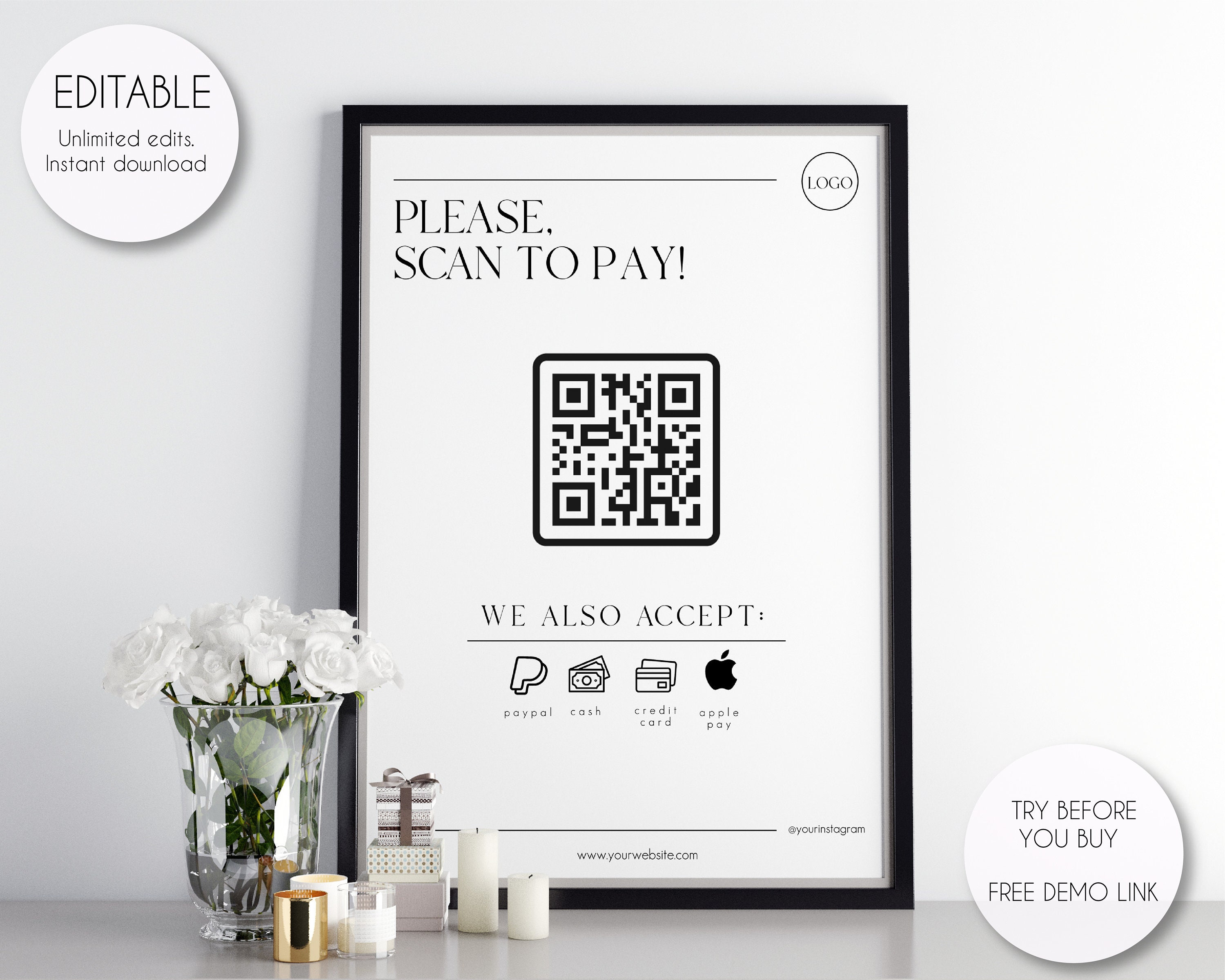 Custom Scan to Pay Template, Editable Scan to Pay Sign, Printable QR ...