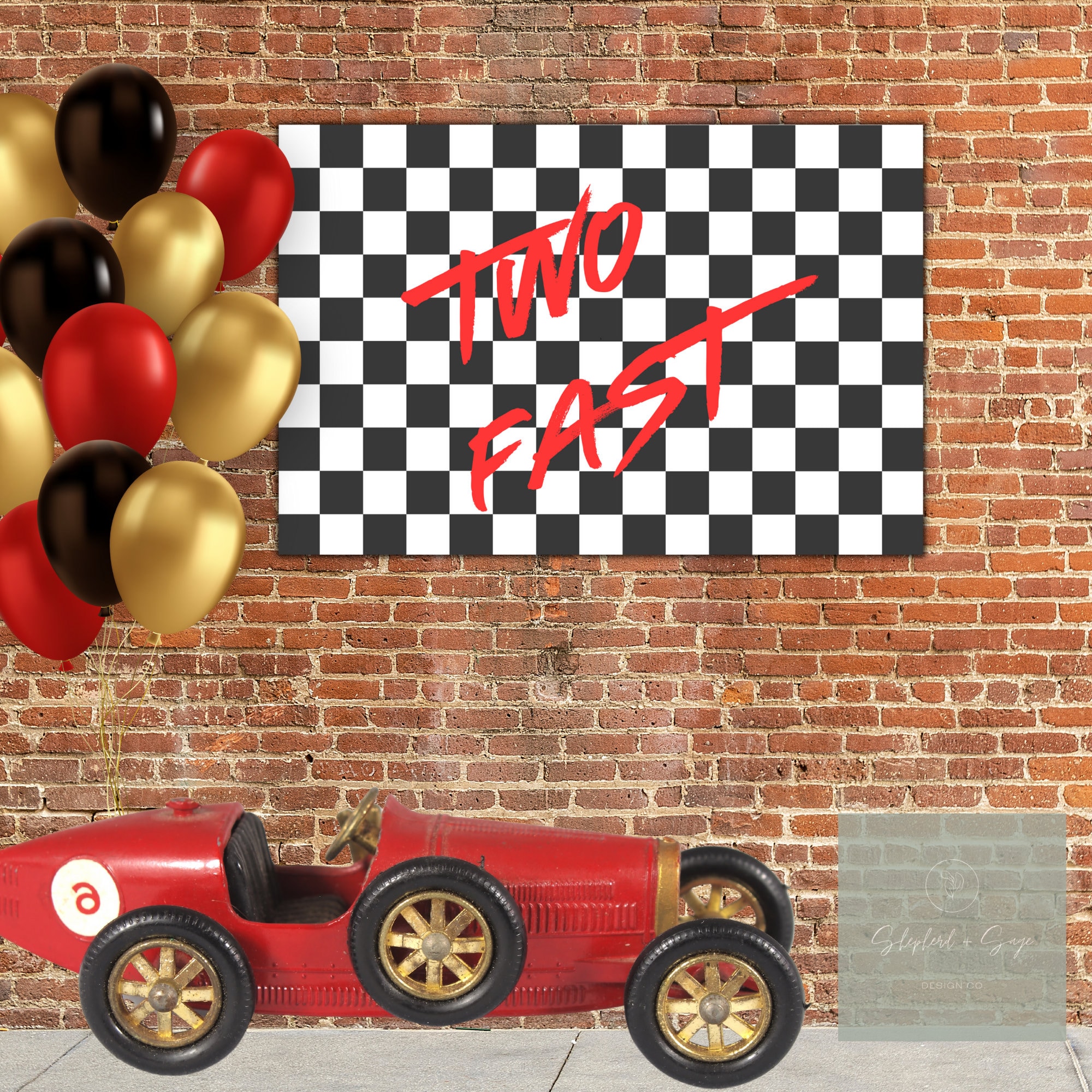 Two Fast Race Car Banner Printable L Black and Red Checkered Flag L ...