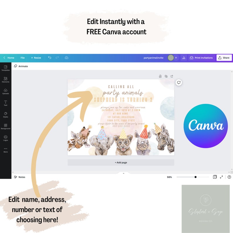 Party Animals Birthday Invitation Template L Gender Neutral L Canva ...