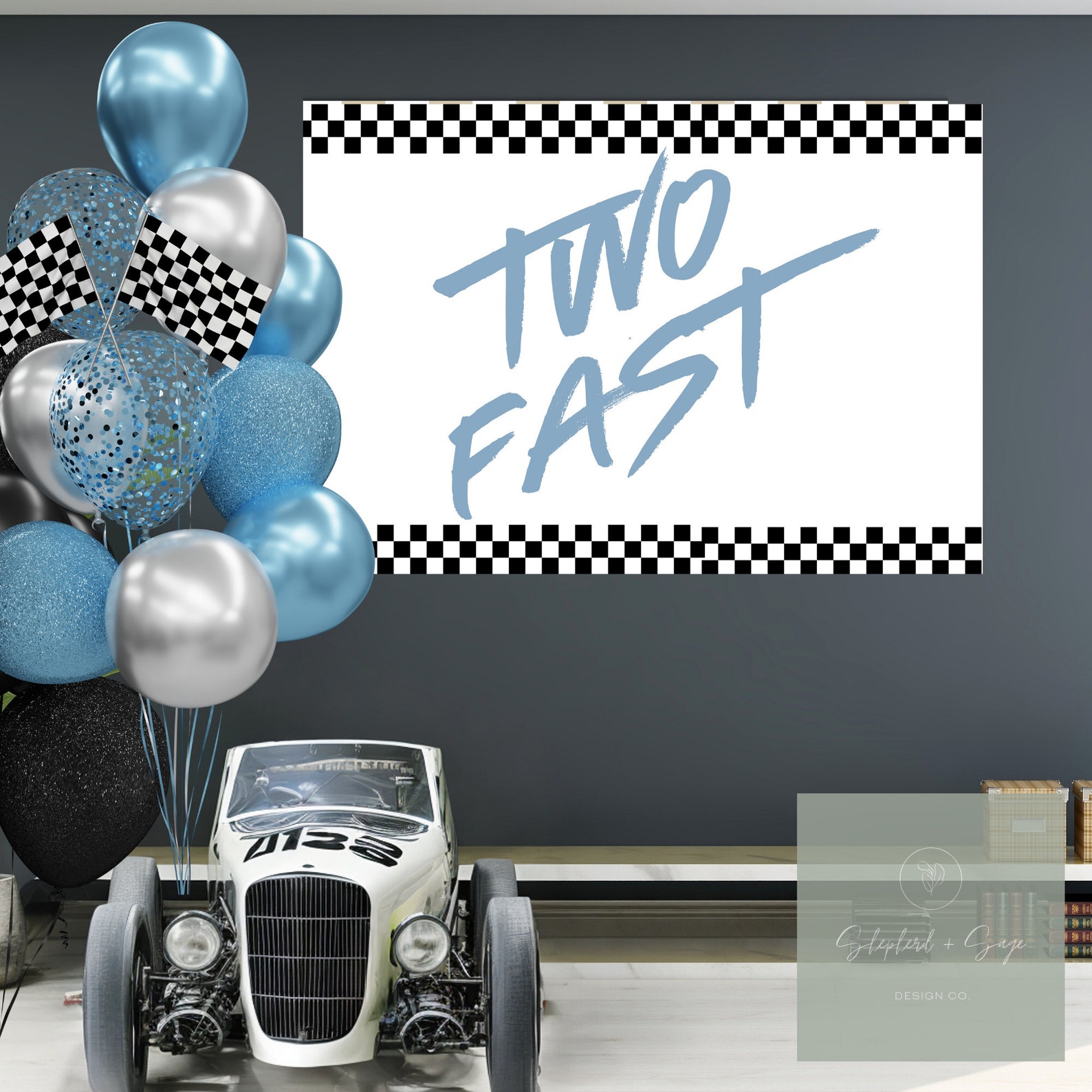 Two Fast Race Car Banner Printable L Blue Checkered Flag L Digital ...
