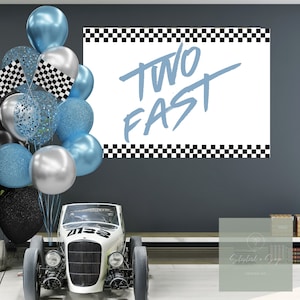 Two Fast Race Car Banner Printable L Blue Checkered Flag L Digital ...