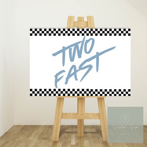 Two Fast Race Car Banner Printable L Blue Checkered Flag L Digital ...