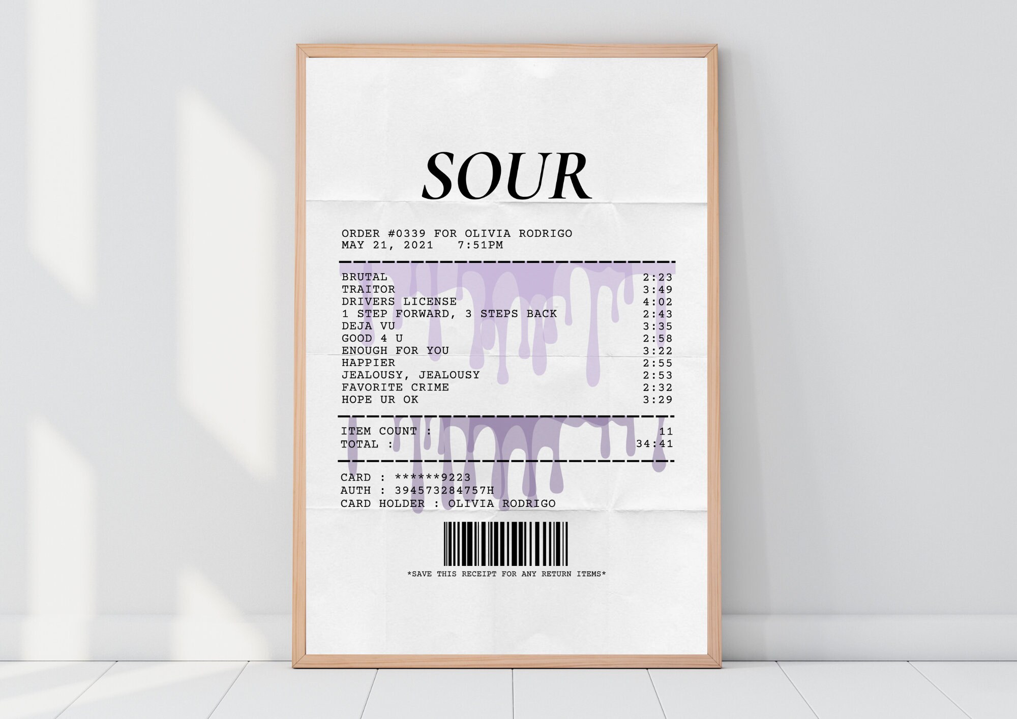 Olivia Rodrigo Sour Receipt Album Poster, Sour Album Poster sold by ...