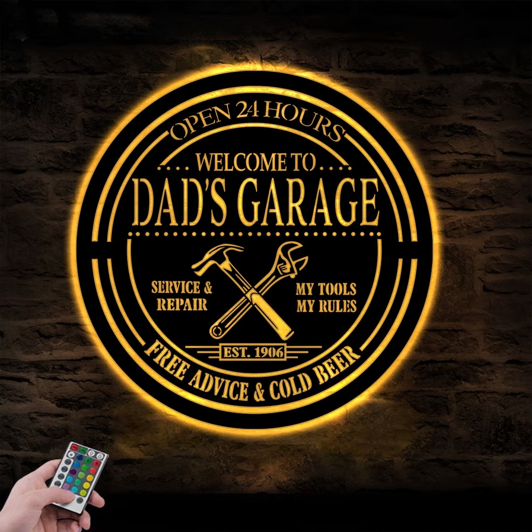 Custom Dad's Garage Sign, Garage Metal Wall Art With Led Lights, Dad ...