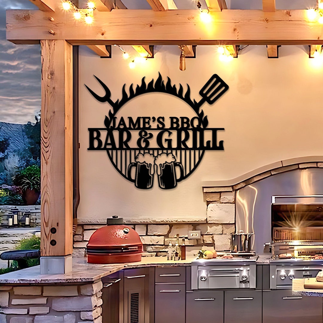 Personalized Barbecue Sign With Led Lights, Metal Wall Art Bar & Grill ...