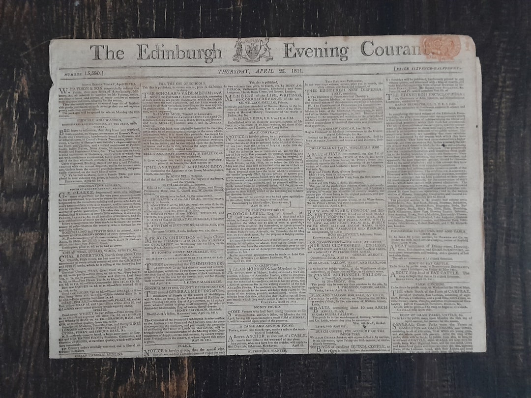 The Edinburgh Evening Courant, 200+ Year Old Newspaper, 25th April 1811 ...