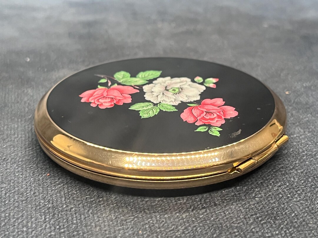 Vintage Stratton Compact | Gold Powder Case | Black Floral Design ...