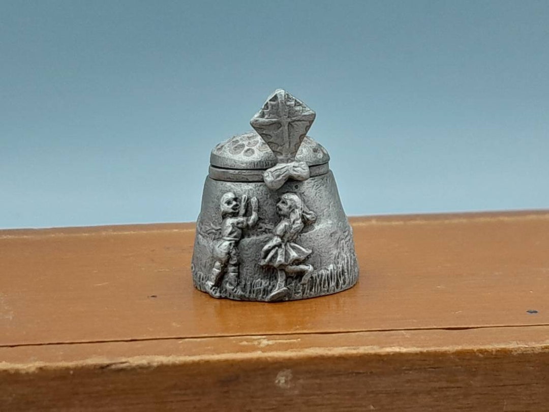 Novelty Pewter Thimble, Animated Boy and Girl Flying a Kite, Vintage ...