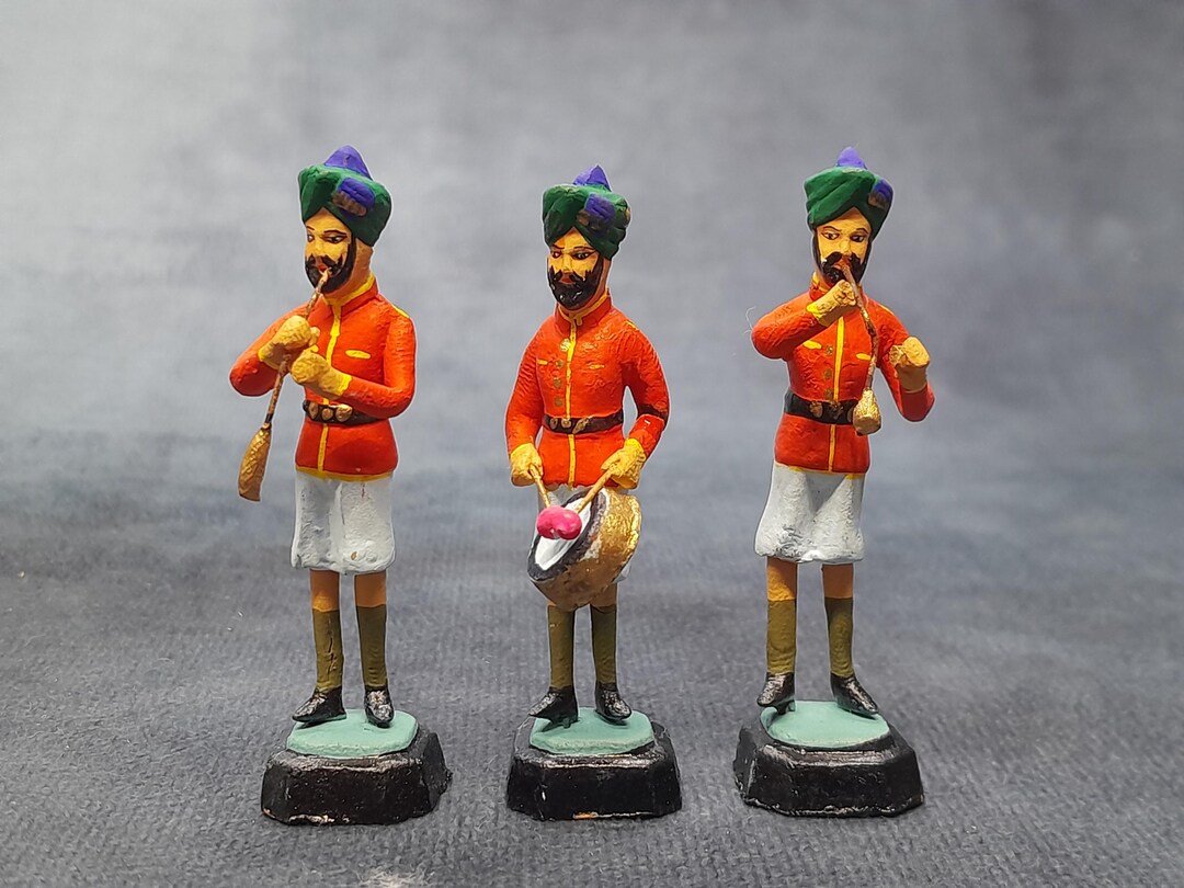 Indian Military Marching Band Figurines, 3 Plaster Made Hand Painted ...