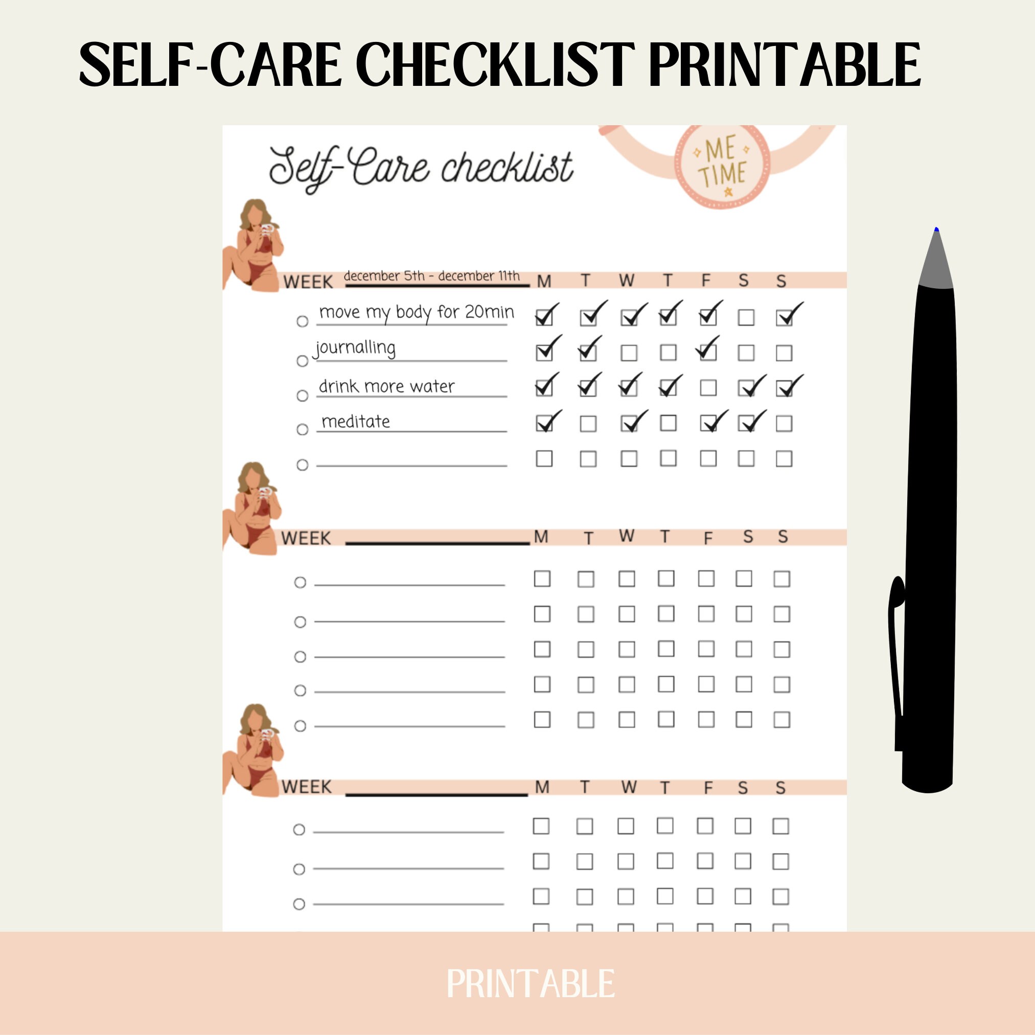 Self Care Checklist Printable,printable Self Care Log, Self Care ...