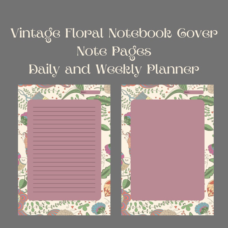 Vintage Floral Notebook Cover Printable Note Pages Weekly - Etsy