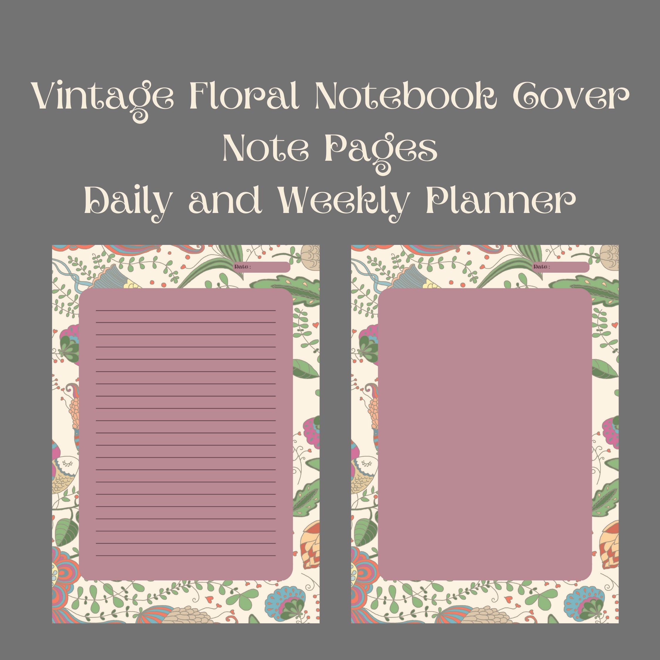 Vintage Floral Notebook Cover, Printable Note Pages, Weekly and Daily ...