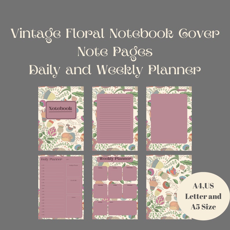 Vintage Floral Notebook Cover Printable Note Pages Weekly - Etsy