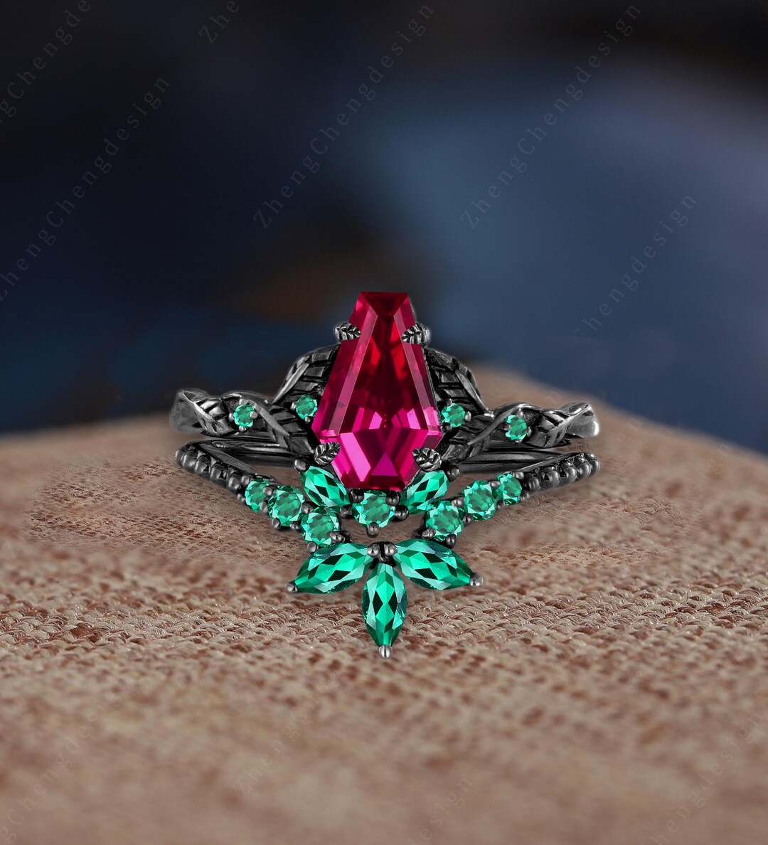 Gothic Coffin Cut Ruby Engagement Ring Set Solid 14k Black Gold Leaf ...