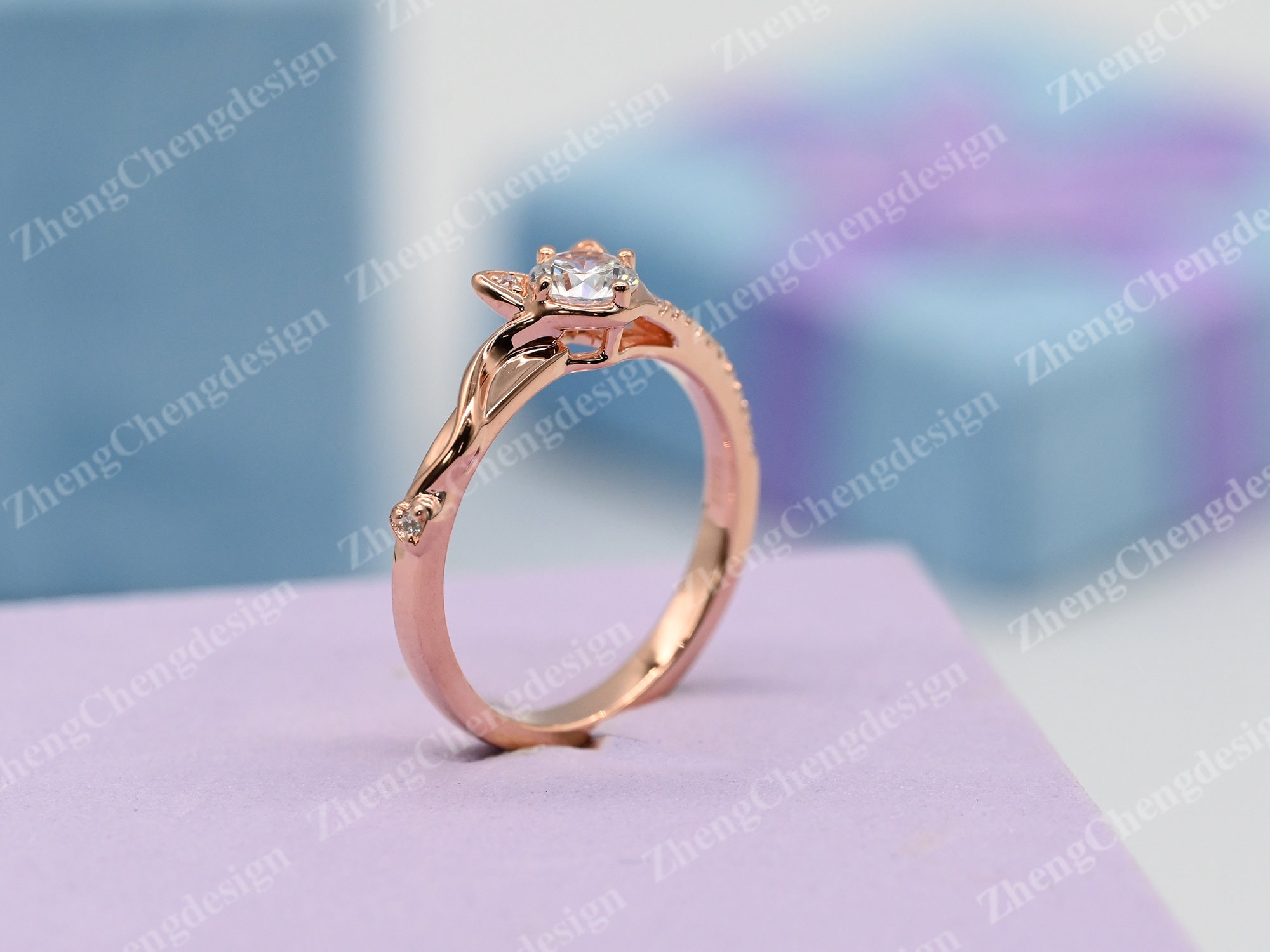 Cat Ring Unique Cat Ear Design Pet Ring Round Cut Moissanite Ring Rose ...
