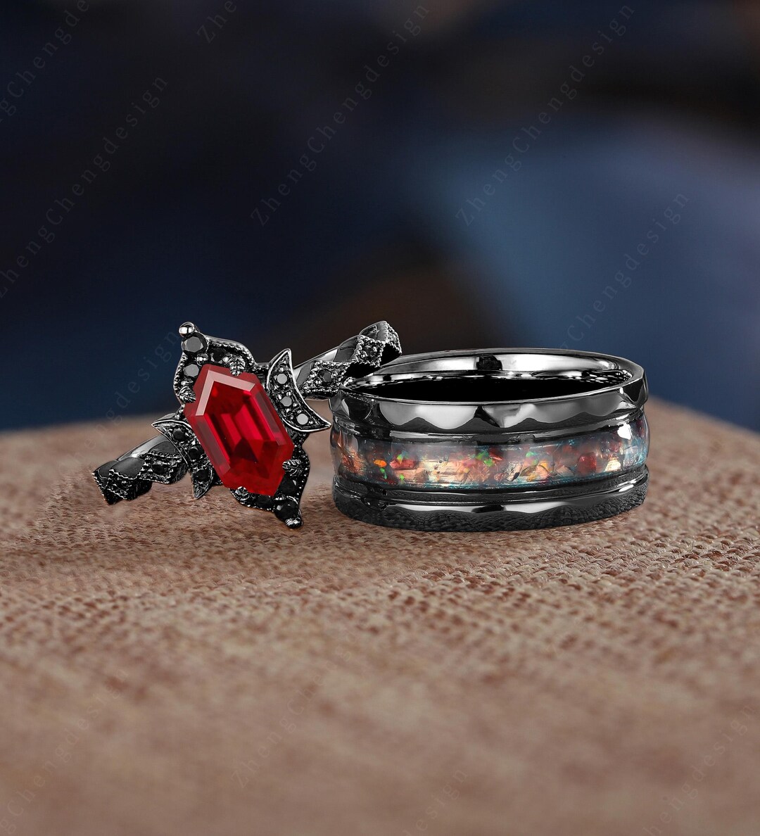 Nature Inspired Hexagon Ruby Couples Ring His and Hers Matching Wedding ...