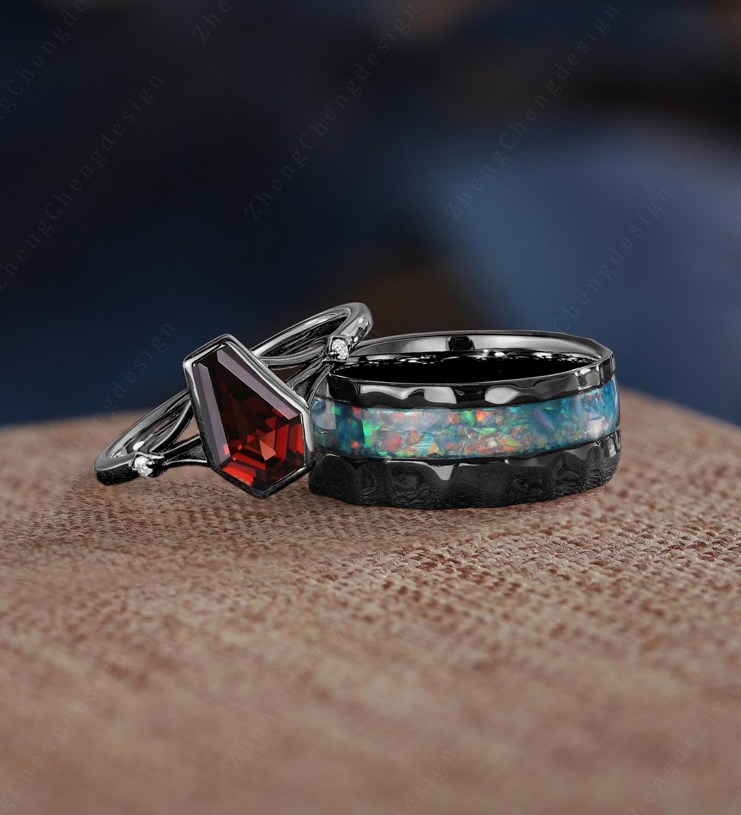 Nature Inspired Coffin Ruby Couple Ring Set Mens Wedding Band Unique ...
