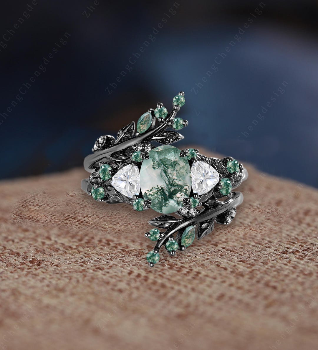 Oval Shaped Moss Agate Engagement Ring Set Unique Leaf Branch Enhance ...