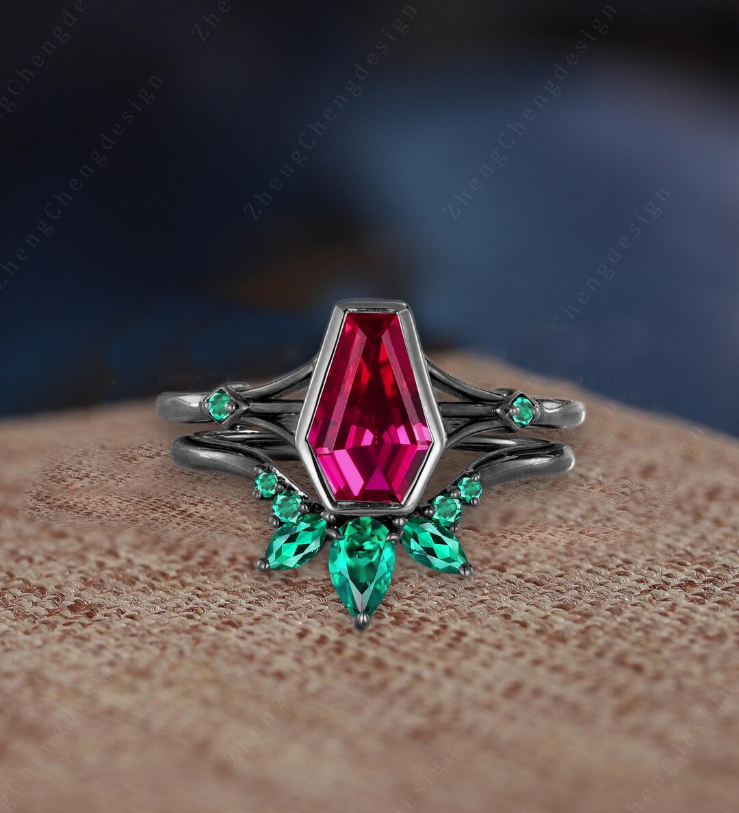 Coffin Shaped Ruby Engagement Ring Set Art Deco 14k Black Gold July ...