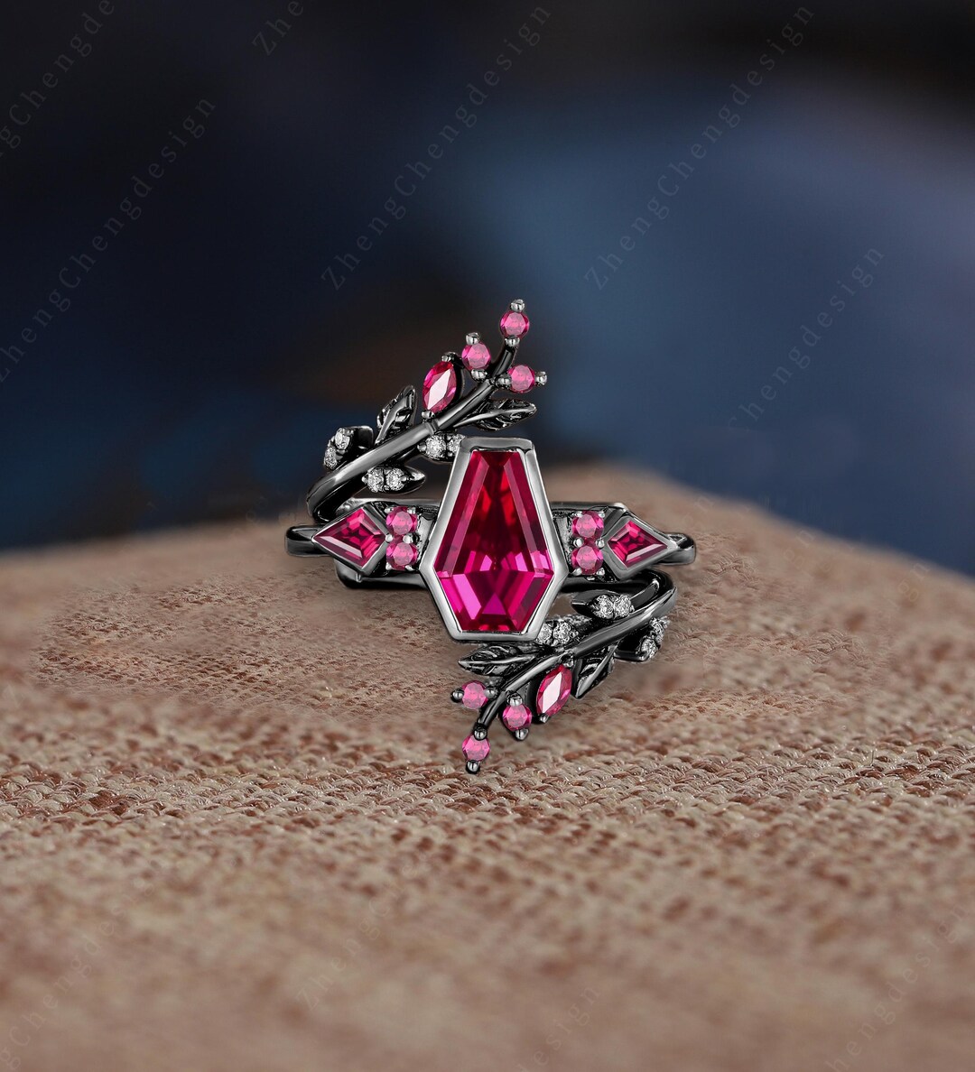 Gothic Coffin Cut Ruby Engagement Ring Set Solid 14K Black Gold July ...