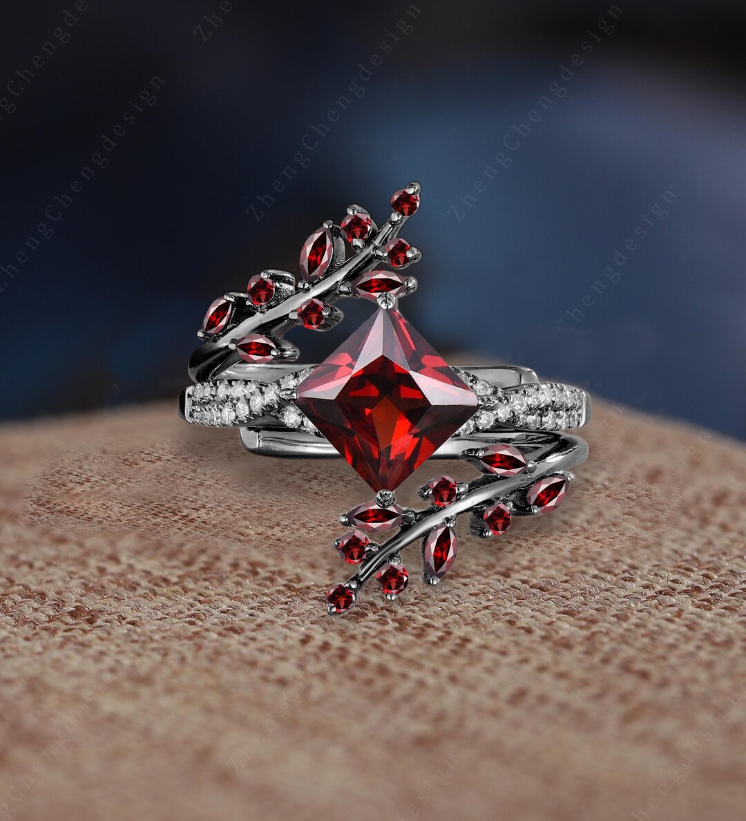Unique Princess Cut Garnet Engagement Ring Set Vintage Milgrain ...