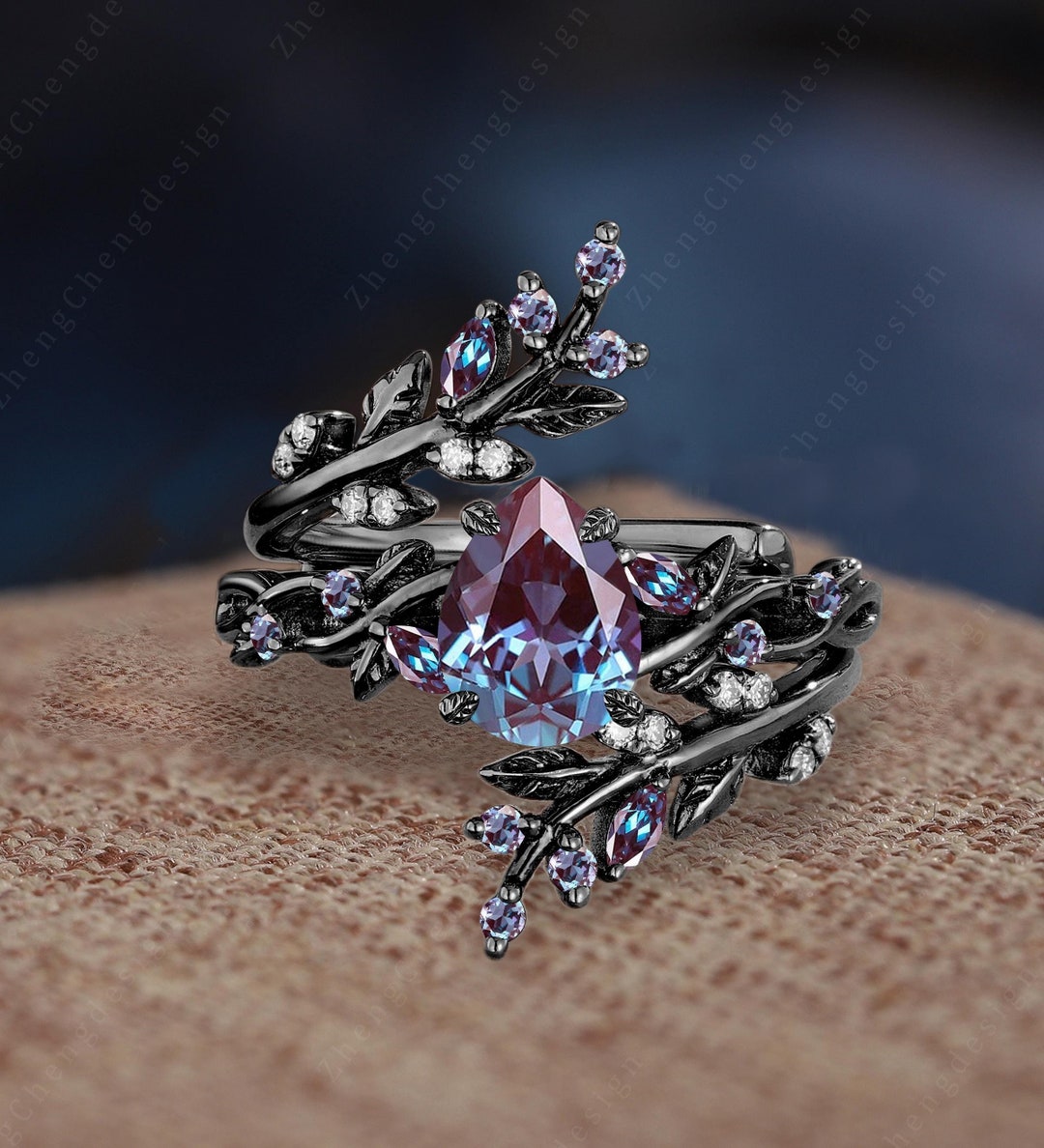 Vintage Pear Alexandrite Engagement Ring Set Gothic Black Gold Nature ...