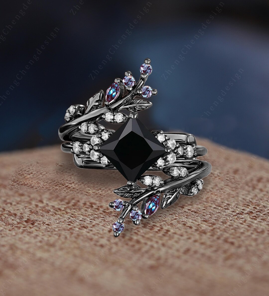 Antique Princess Cut Black Onyx Engagement Ring Set Gothic 14k Black ...