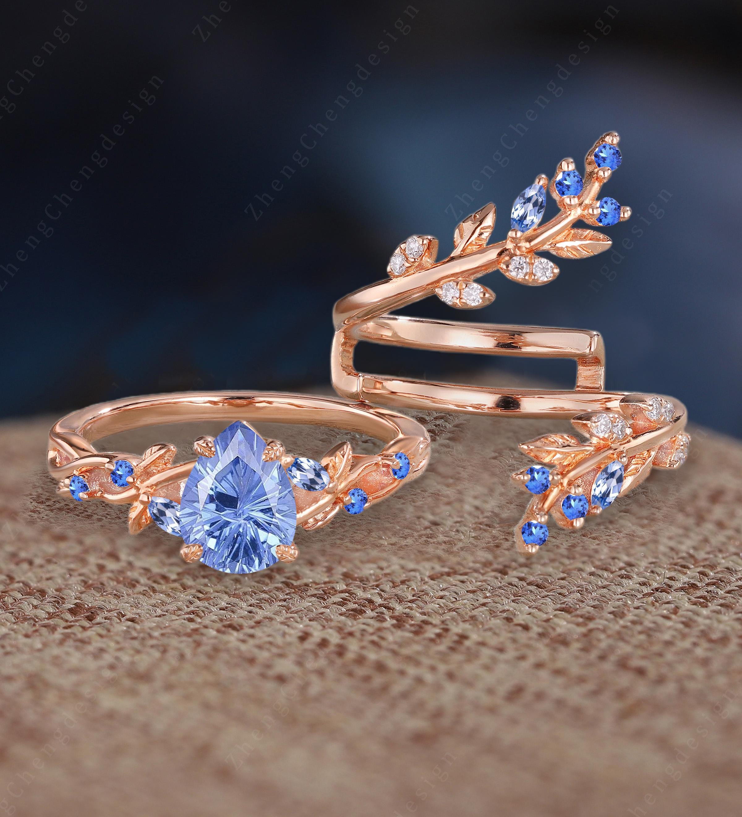 Unique Pear Firework Cut Cornflower Sapphire Engagement Ring Set ...