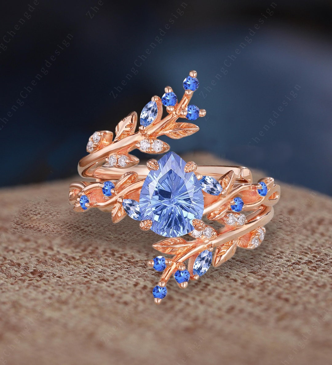 Unique Pear Firework Cut Cornflower Sapphire Engagement Ring Set ...