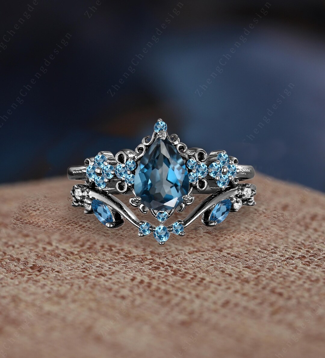 Vintage Pear Cut Topaz Engagement Ring Set Unique Enhance Curved ...