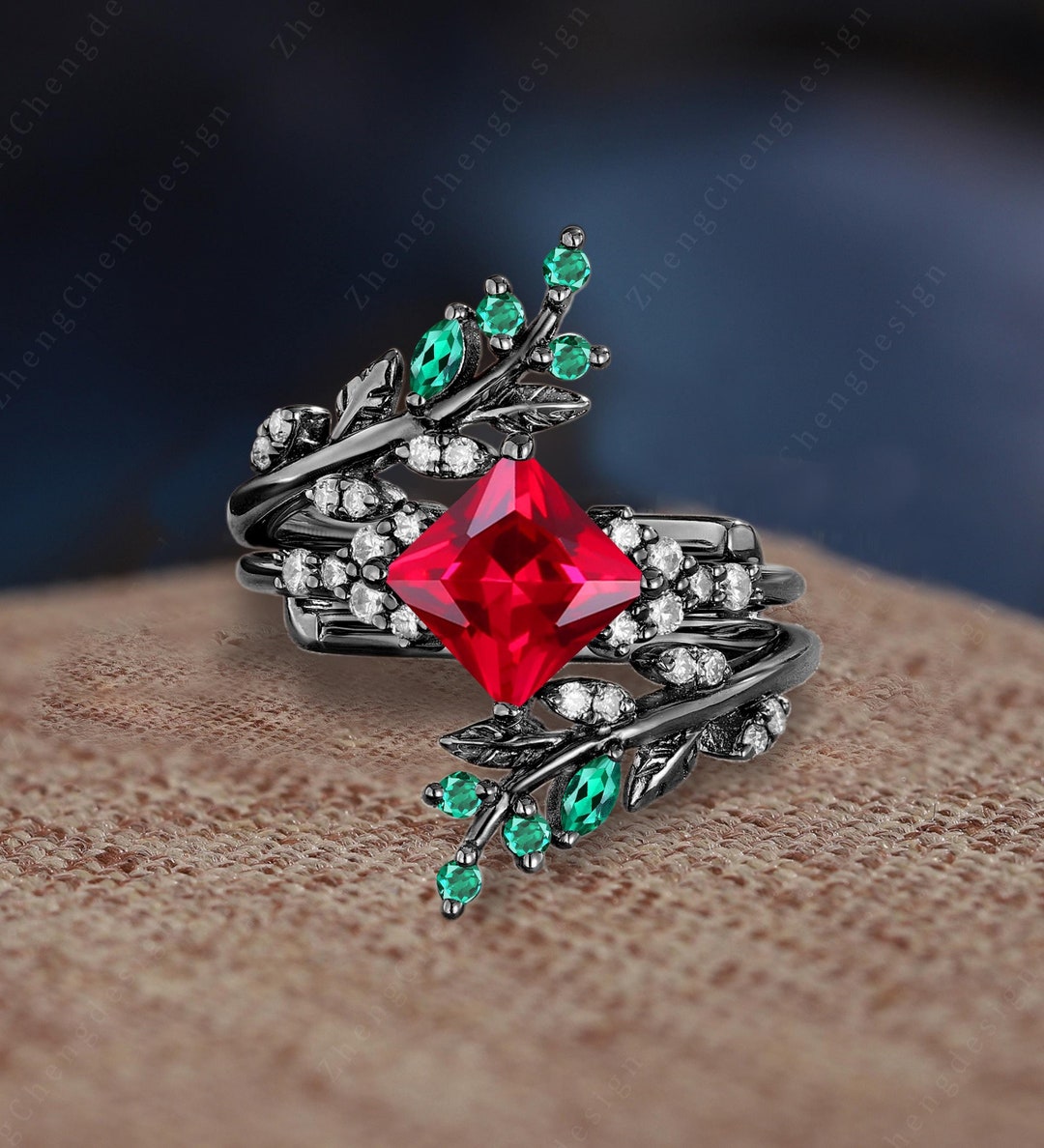 Unique Princess Cut Ruby Engagement Ring Set Twig Cluster Emerald ...