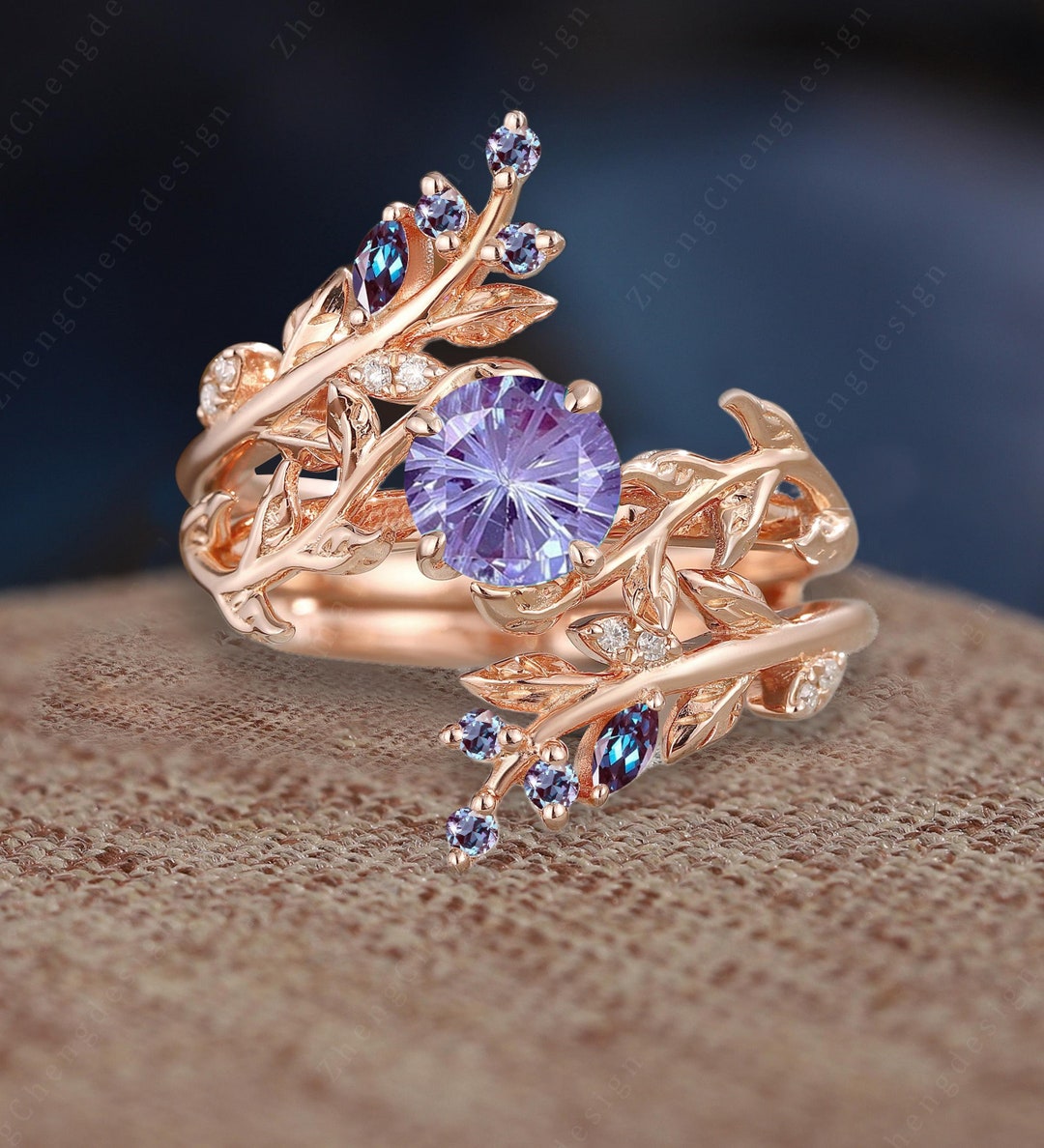Round Firework Cut Alexandrite Engagement Ring 14K Rose Gold Leaf ...