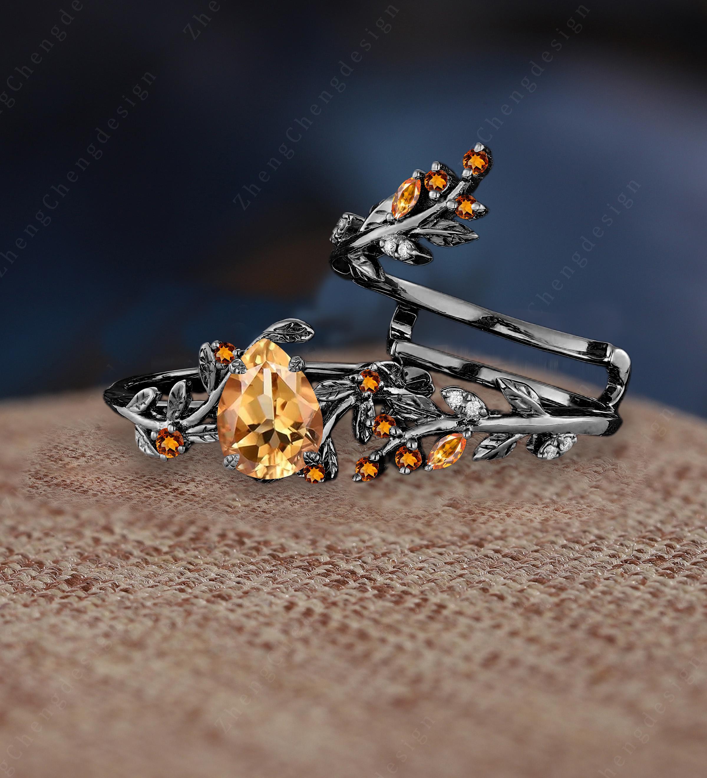 Pear Shaped Citrine Engagement Ring Vintage Black Gold Leaf Design ...