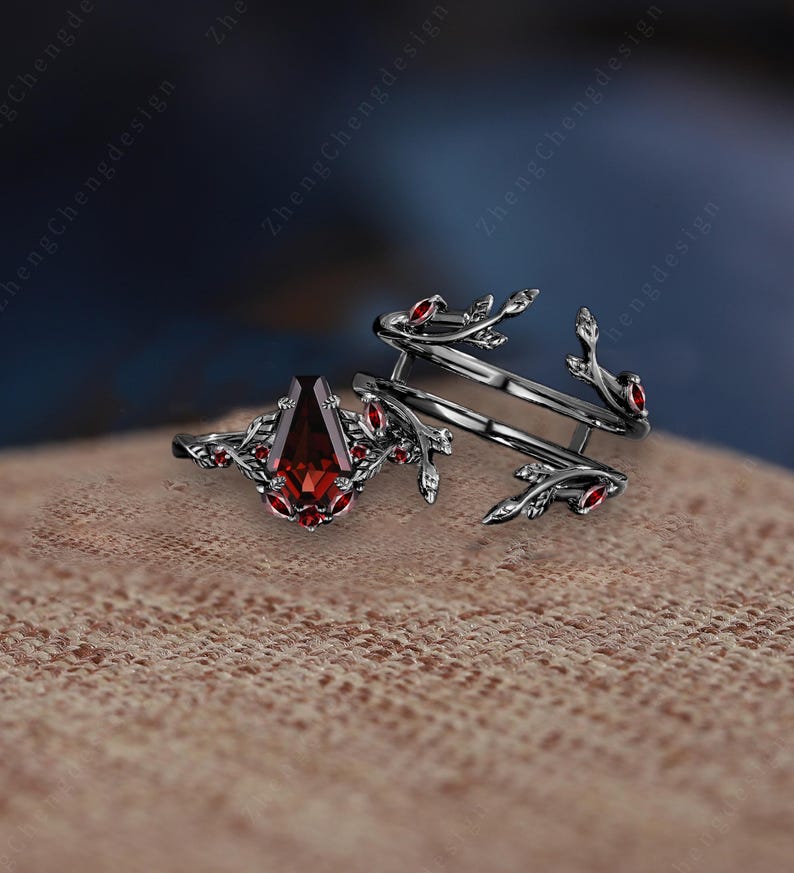 Gothic Coffin Cut Garnet Engagement Ring Set 10K/14K Black Gold Half ...