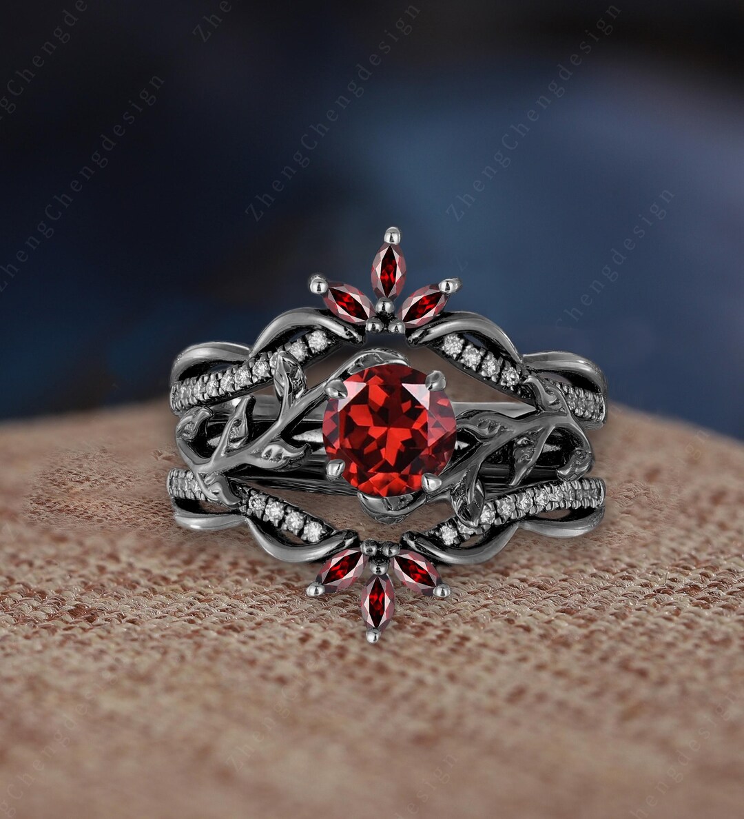 Retro Round Cut Garnet Engagement Ring Set Gothic 14K Black Gold Wire ...