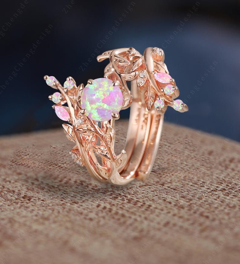Art Deco Rose Gold Round Pink Fire Opal Engagement Ring Set Nature ...