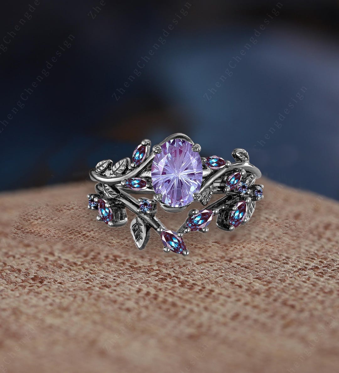 Oval Firework Cut Alexandrite Engagement Ring Gothic Solid 14K Black ...