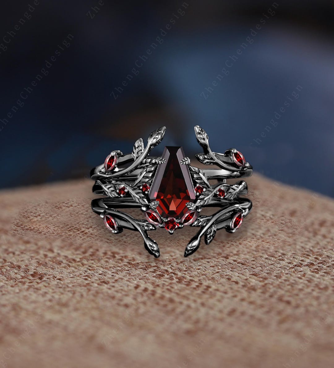 Gothic Coffin Cut Garnet Engagement Ring Set 10K/14K Black Gold Half ...